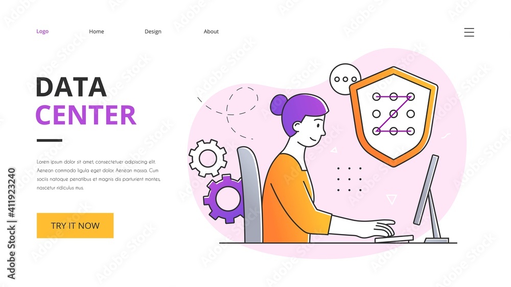 Data center abstract concept with a young woman working on computer ...