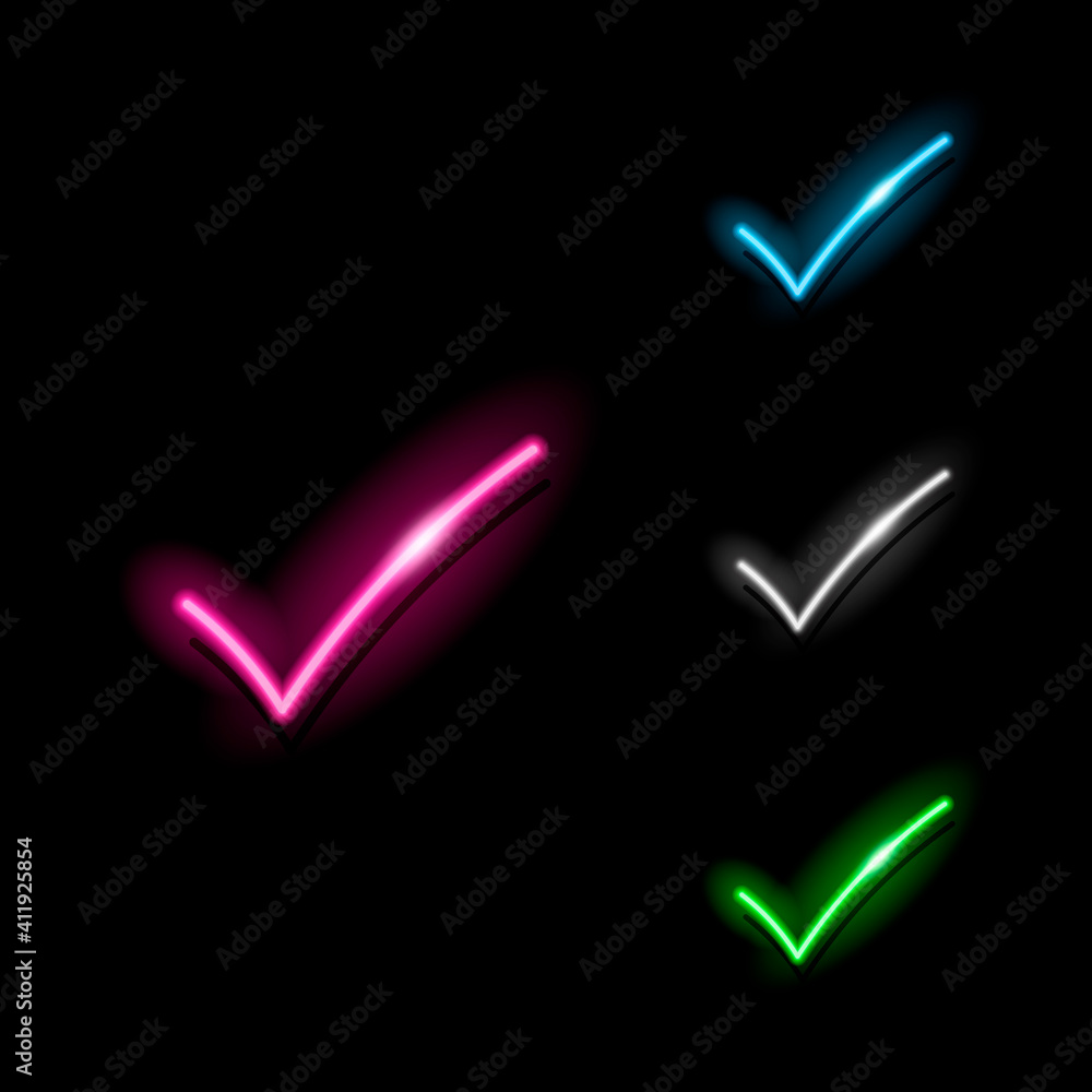Set of neon check mark icons in four different colours isolated on ...