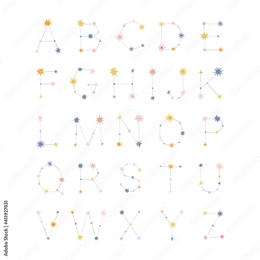 Constellation alphabet. Starry letters vector illustration isolated on ...