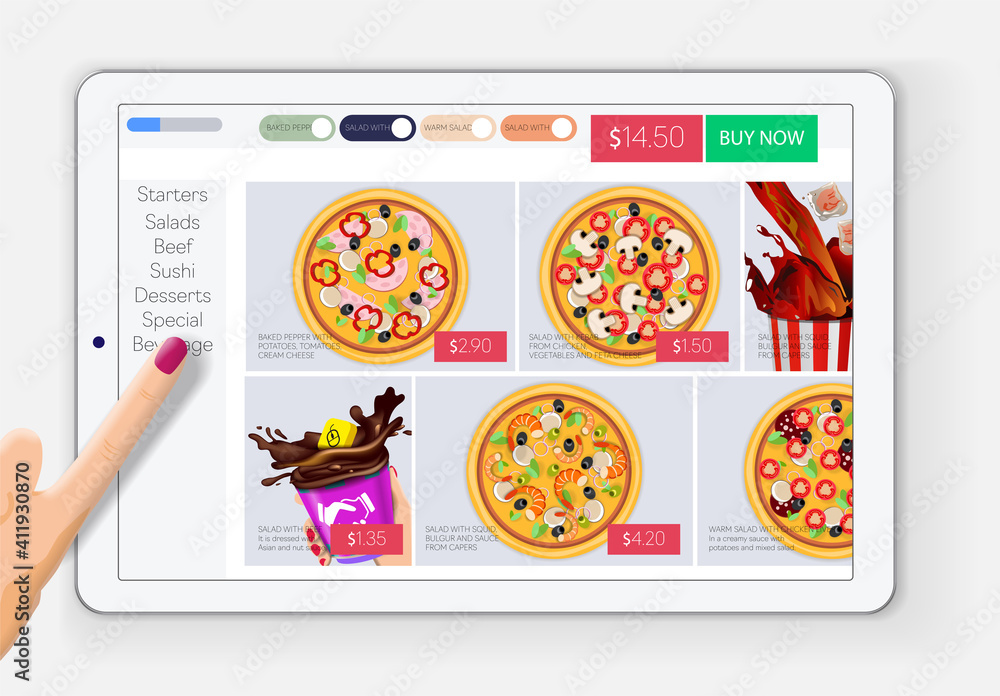 Online pizza restaurant app on your digital tablet screen Stock Vector ...