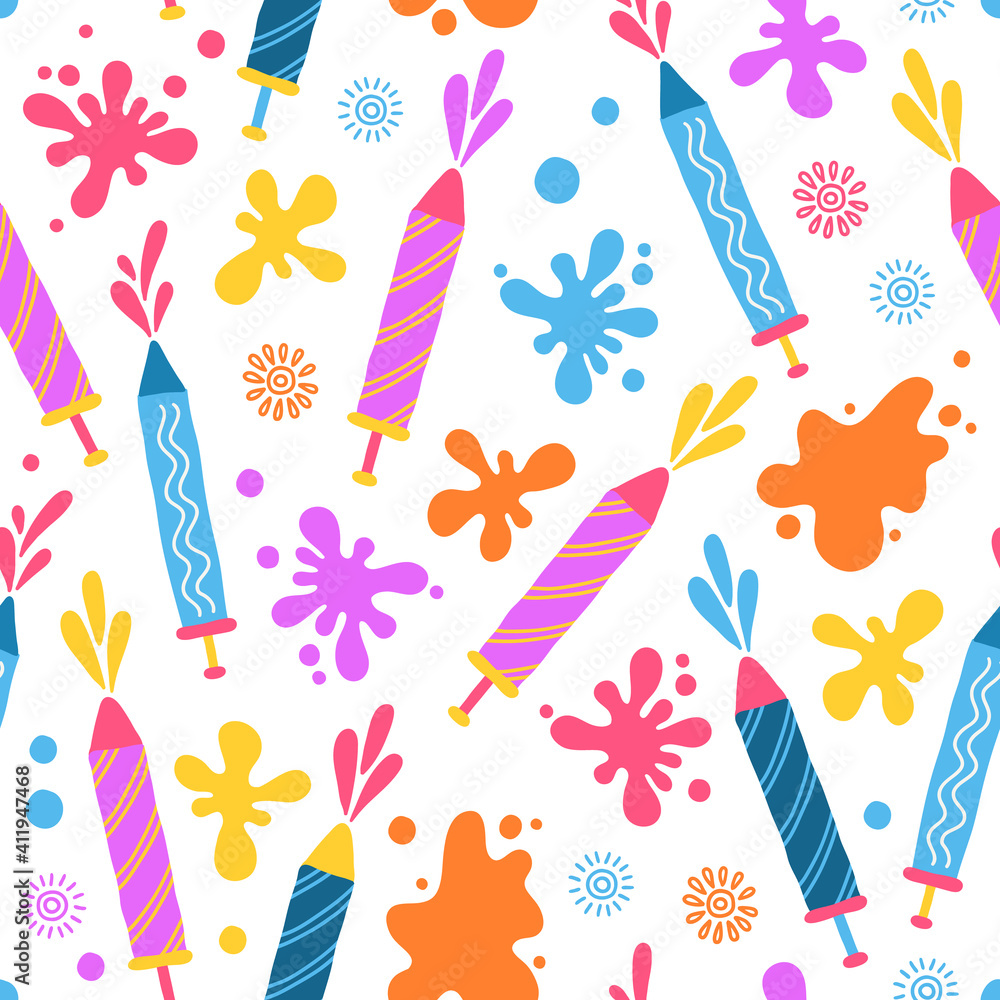 Holi seamless pattern with color splashes, sparkles, pichkari. Vector ...