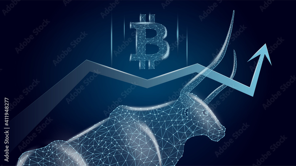 Bullish trend of Bitcoin with a polygonal bull and an upward arrow with ...