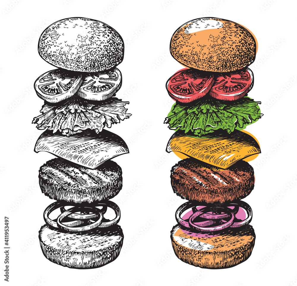 Burger ingredients sketch. Hand drawn food vector illustration Stock ...