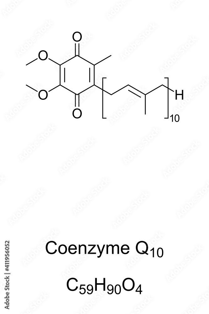 Coenzyme Q10, or also ubiquinone-10, chemical formula and skeletal ...