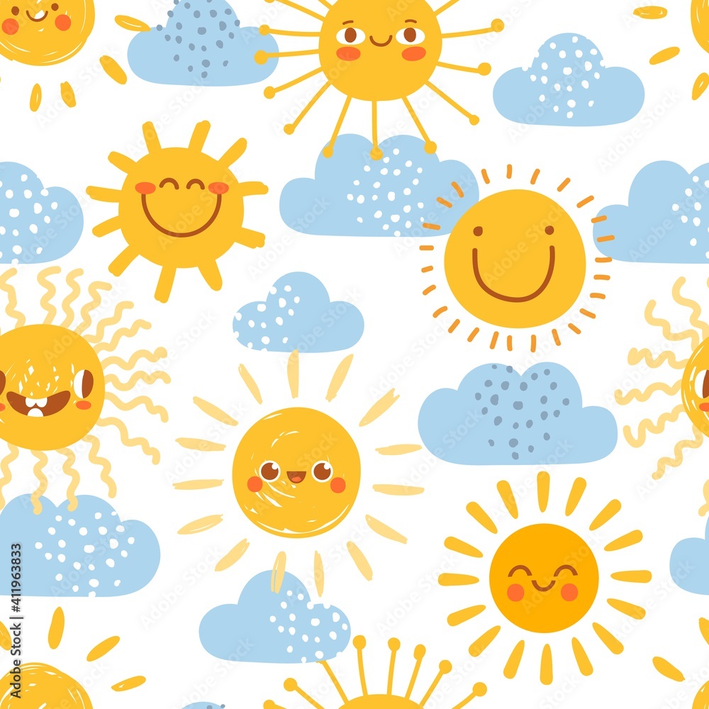 Cartoon sun seamless pattern. Print for nursery with summer sunny day ...