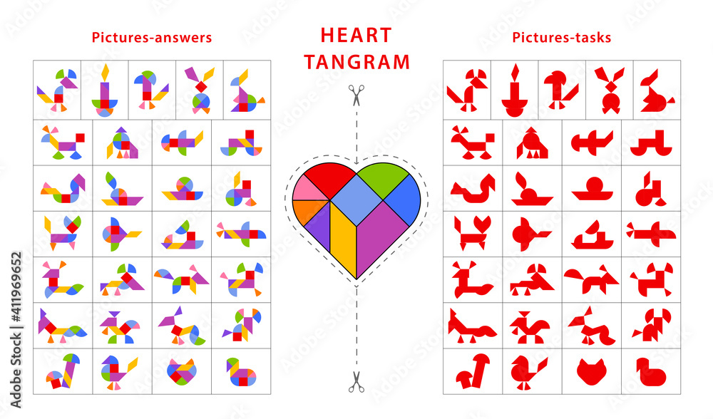Vetor de Set of vector tangram heart puzzles (geometric puzzle) for ...