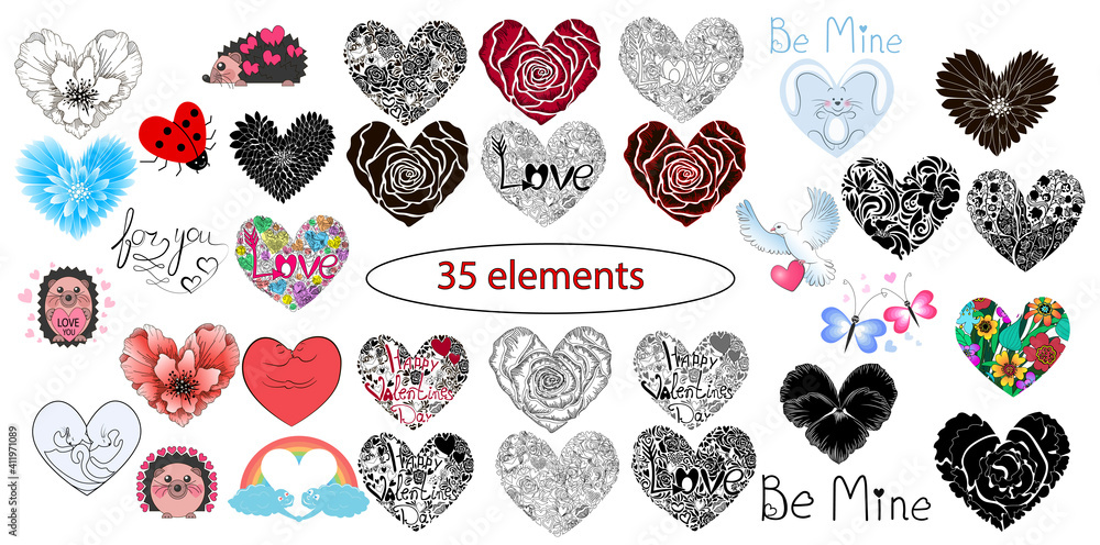Set of 35 elements for Valentine's Day and Wedding Day - hearts ...