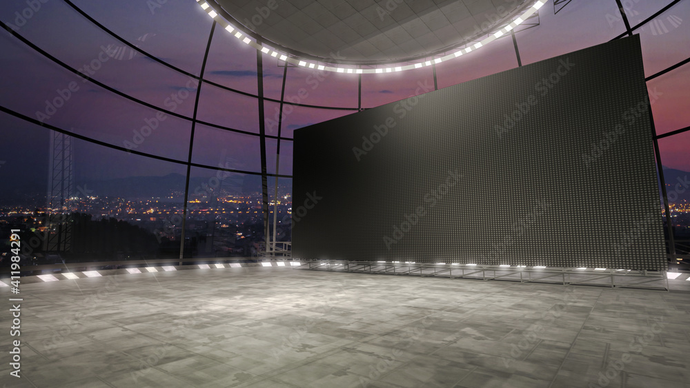 Angle view, full frame of a virtual stage set with a huge videowall. A ...
