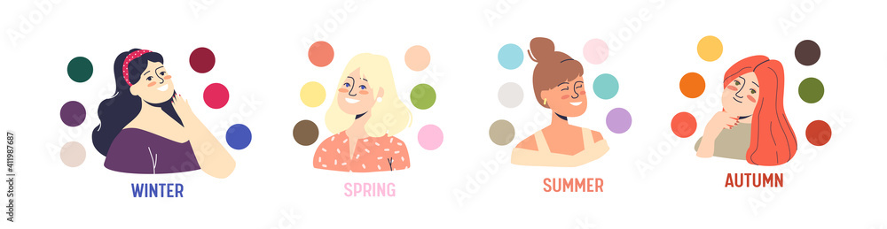 Seasonal color types set with female faces and palettes of colours on ...