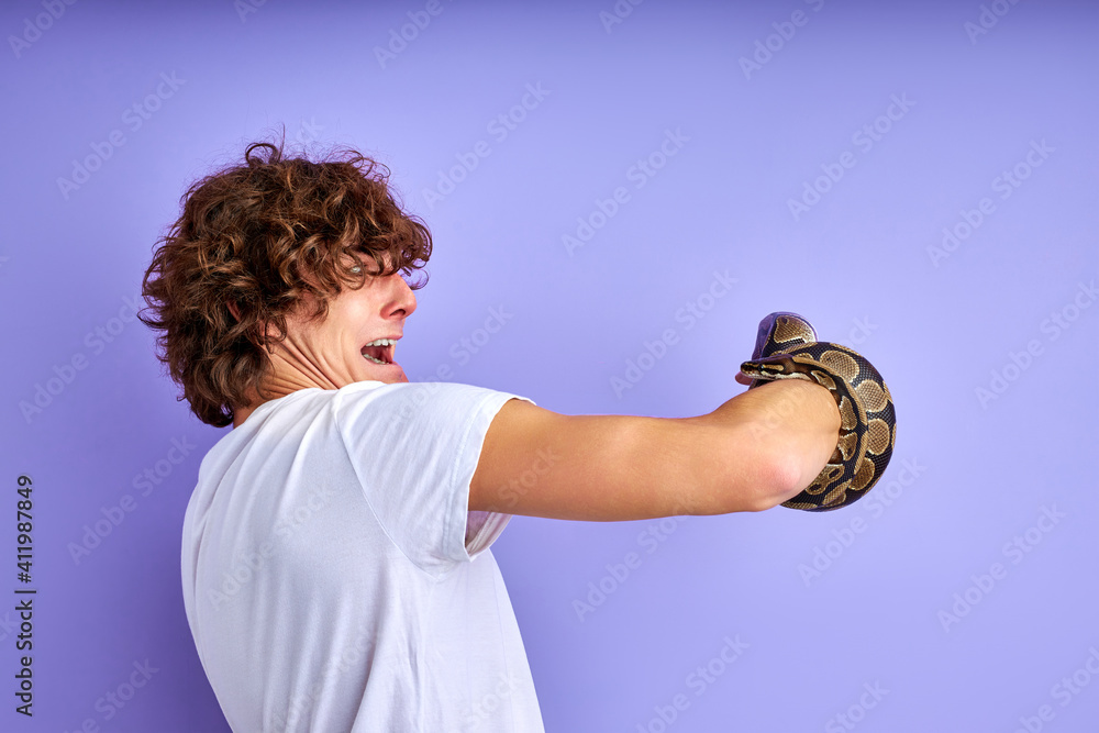 snake tied to hand, scared male is in shock, side view on curly guy ...