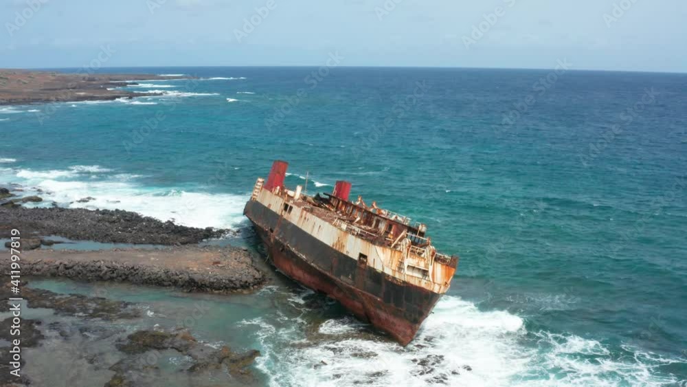 Flight over the beached Pentalina B ship in Santiago island, Cape Verde ...