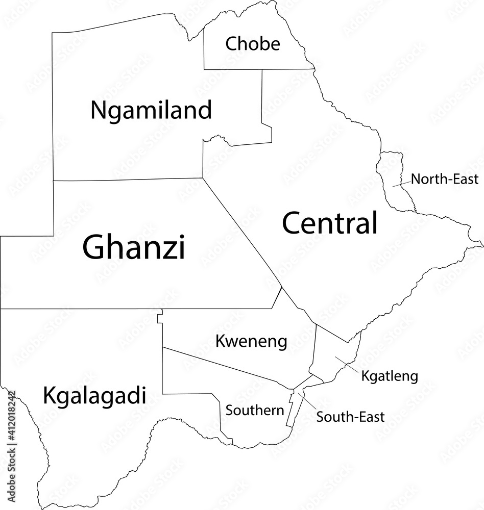 White vector map of Botswana with black borders and names of its ...