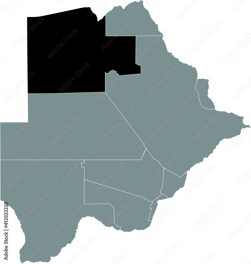 Black location map of the Botswanan Ngamiland district inside gray map ...