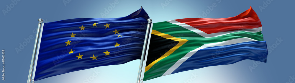 European Union Flag and South Africa flag waving with texture and Blue ...