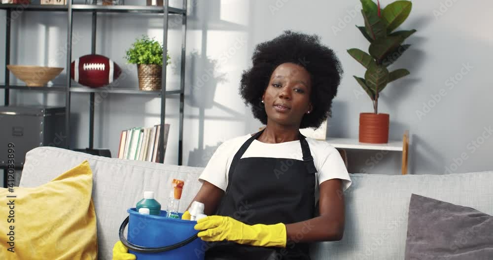 Portrait of cheerful young pretty African American female cleaner ...