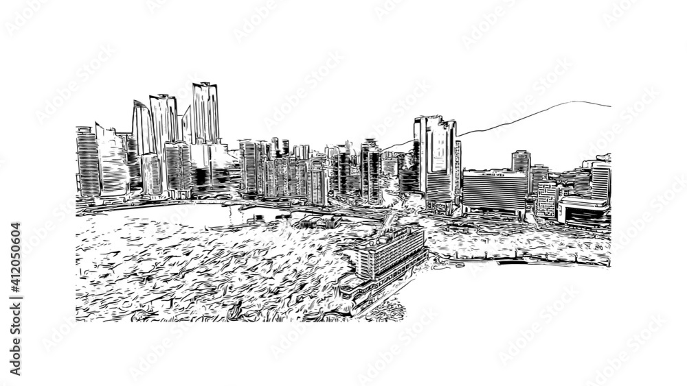 Building view with landmark of Busan is the city in South Korea. Hand ...