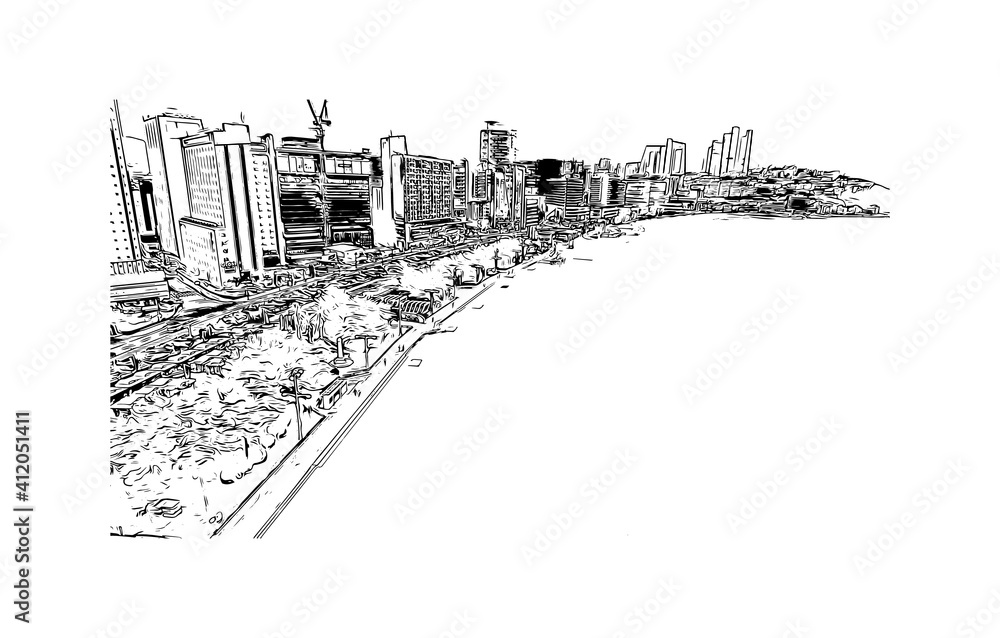 Building view with landmark of Busan is the city in South Korea. Hand ...