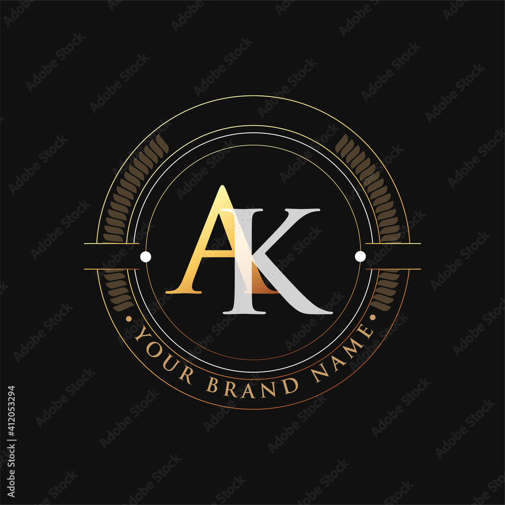 initial letter logo AK gold and white color, with stamp and circle ...
