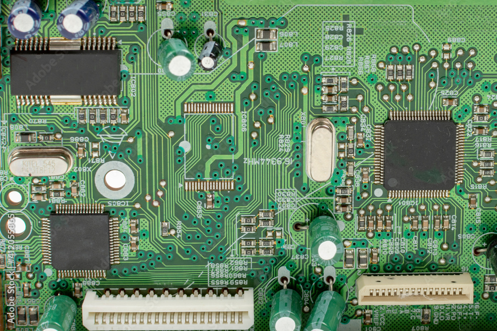 components of microprocessor devices are installed on a printed circuit ...