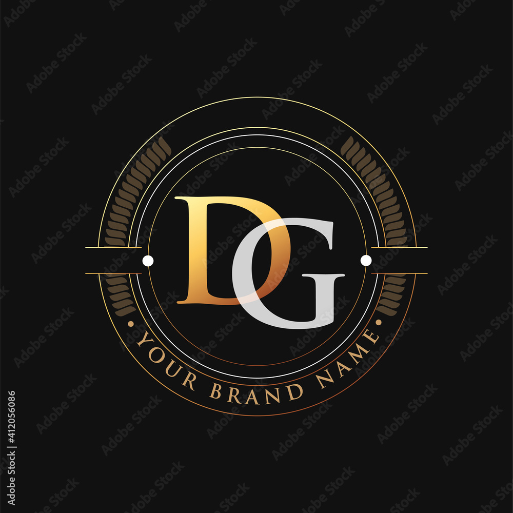 initial letter logo DG gold and white color, with stamp and circle ...