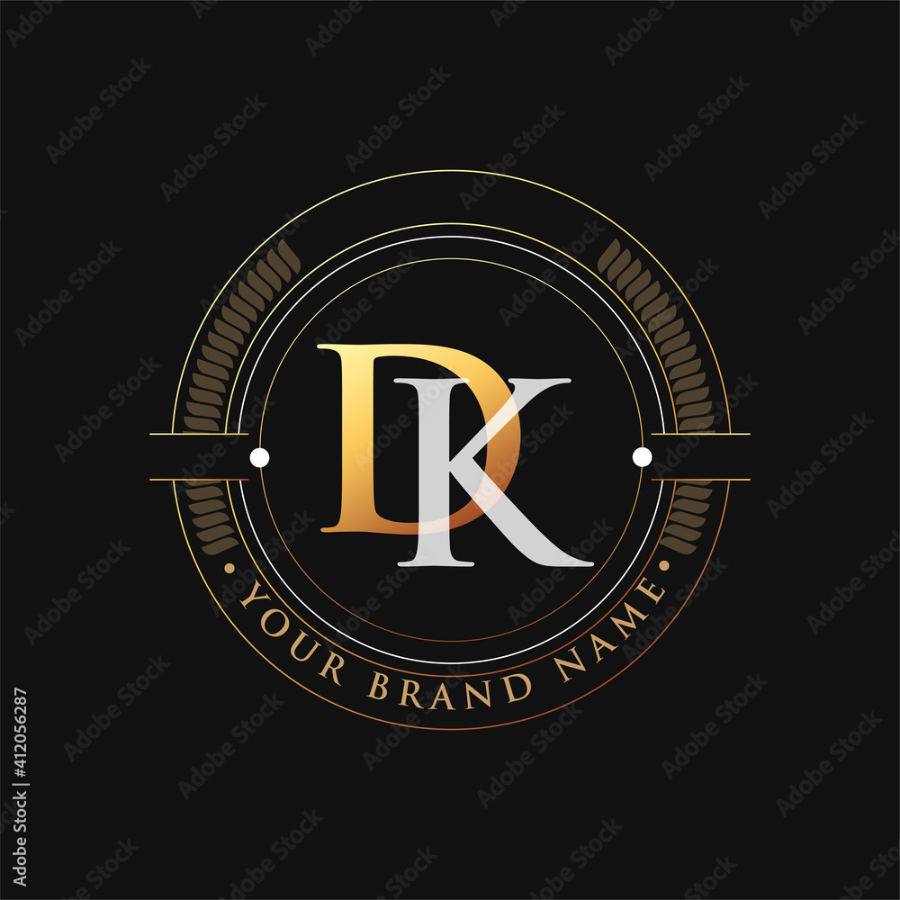 initial letter logo DK gold and white color, with stamp and circle ...