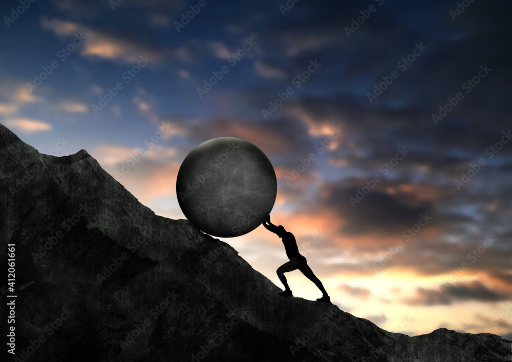 Businessman pushing concrete big stone uphill. man push hardly the ...