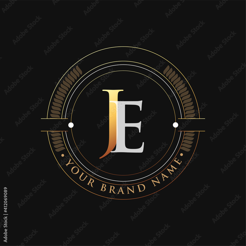 initial letter logo JE gold and white color, with stamp and circle ...
