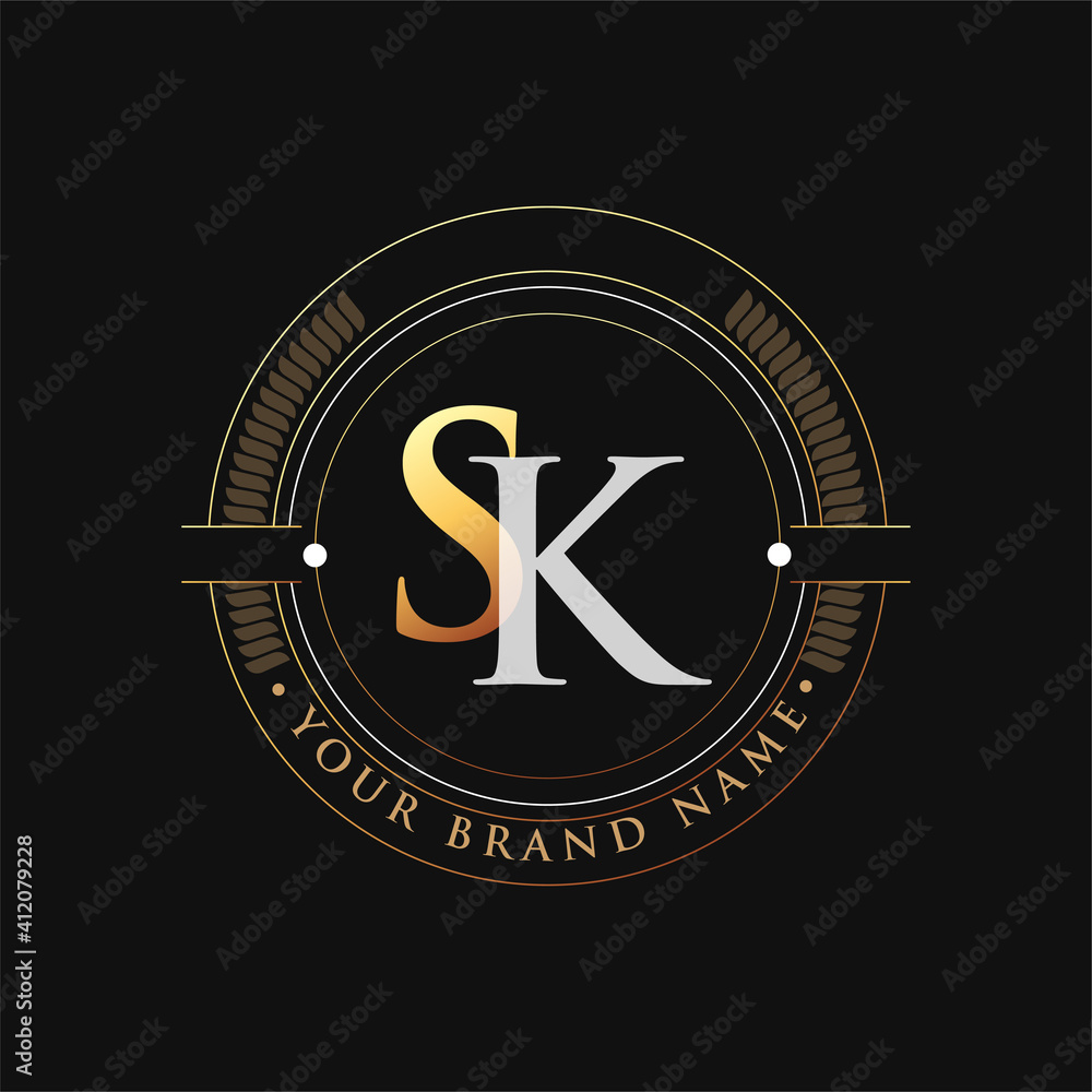 initial letter logo SK gold and white color, with stamp and circle ...