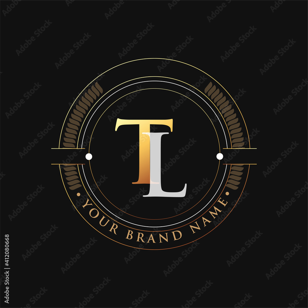 initial letter logo TL gold and white color, with stamp and circle ...