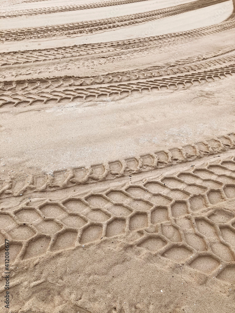 Tracks in the sand, car tire marks in the sand, , background for ...
