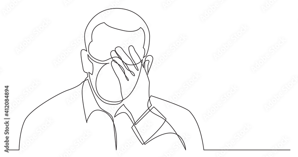 continuous line drawing of man in deep depression wearing face mask ...