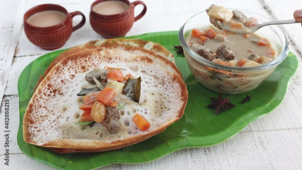 Appam, Hoppers and mutton stew Kerala breakfast food and Indian milk ...