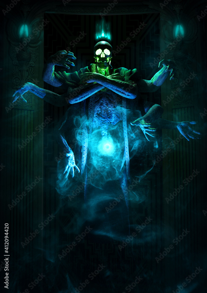 The black silhouette of a sinister skeleton lich, a necromancer with ...