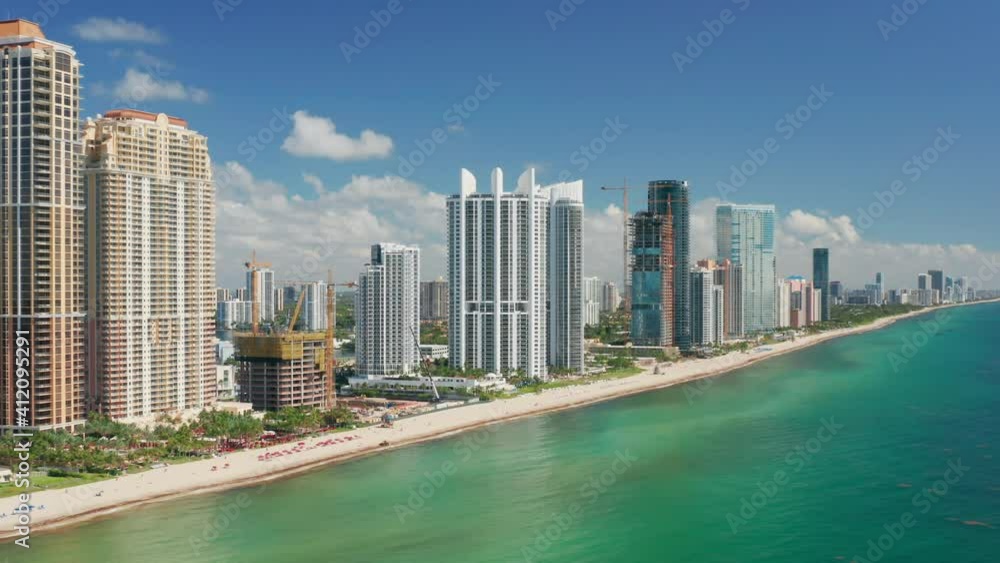 Scenic Miami skyline. Beautiful modern cityscape, aerial drone water ...
