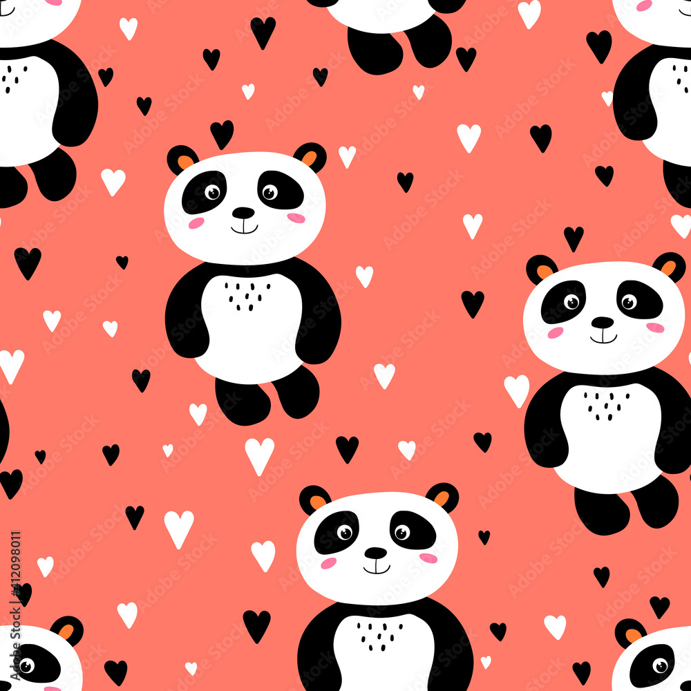 Seamless pattern with cute panda baby on color background. Funny asian ...
