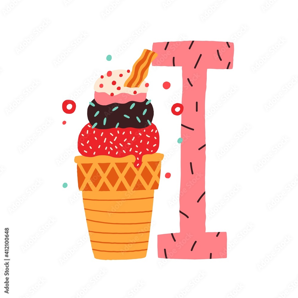 Capital letter I of childish English alphabet with ice cream. Kids ...