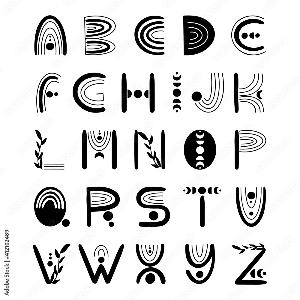 Boho style lettering alphabet with floral elements and rainbows. Vector ...
