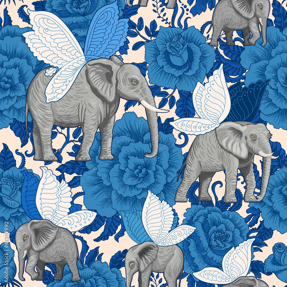 Fairy tale Seamless pattern from flying elephants with butterfly wings ...