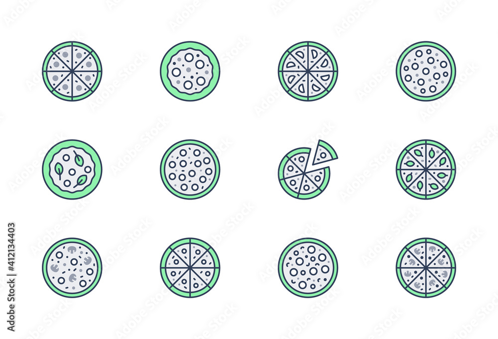 Whole pizza line icons. Vector illustration set with icon as sliced ...