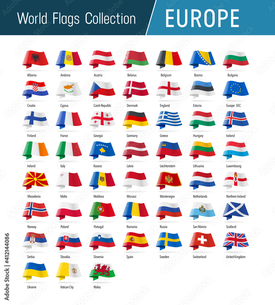 Flags of Europe, waving in the wind. Icons pointing location, origin ...