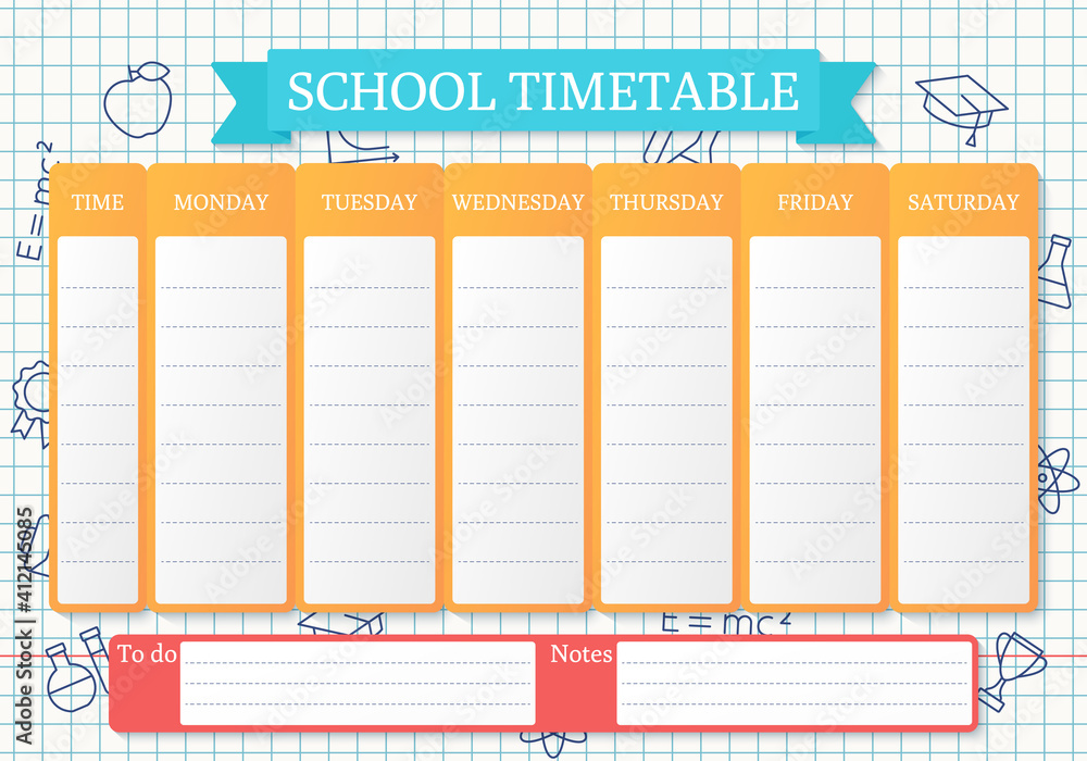 School timetable. Schedule for kids. Student plan template on checkered ...