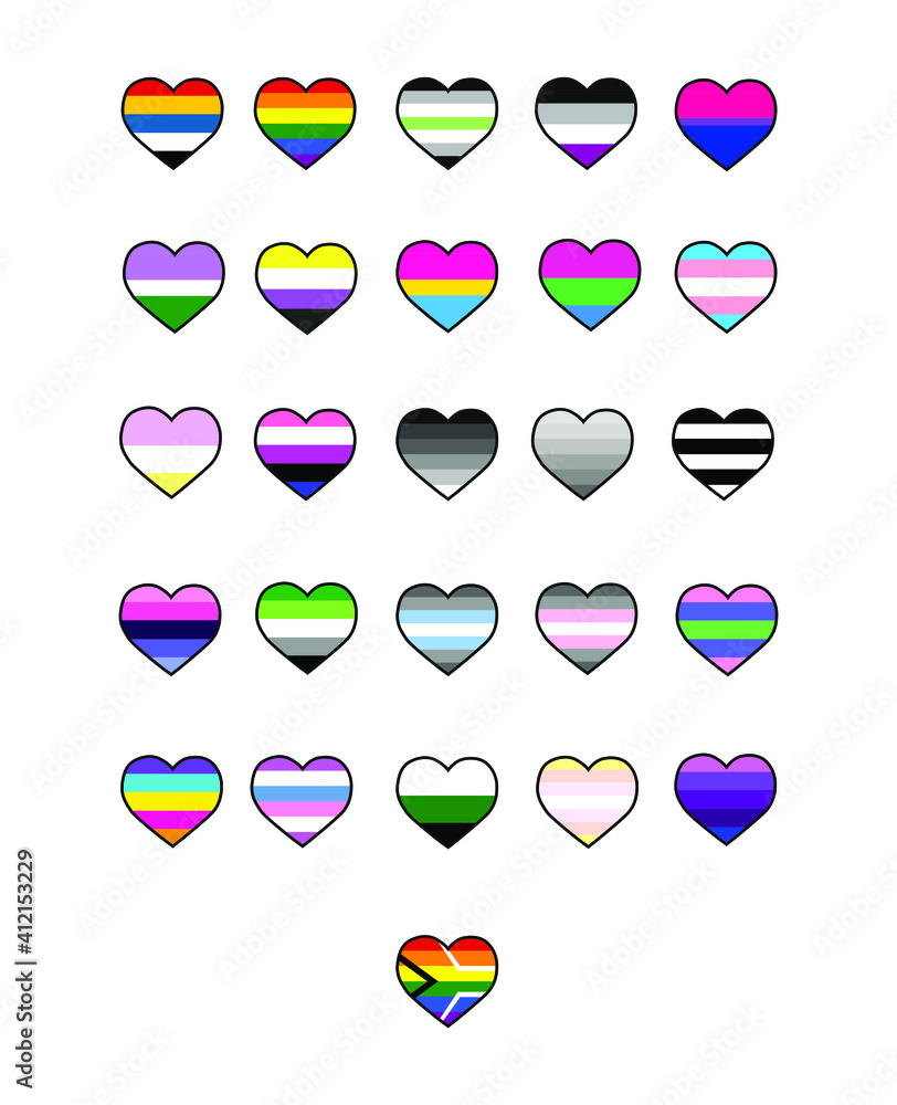 Set of vector illustrations with various of the heart-shape pride flags ...
