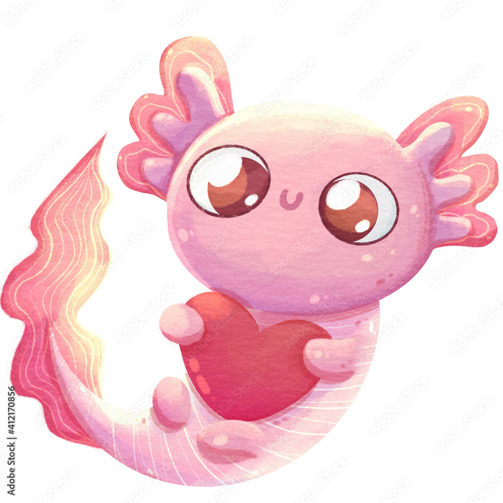 Cute lovely axolotl hart. Watercolor illustration isolated on white ...