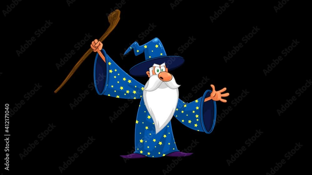 Wizard Cartoon Character With A Cane Making Magic. 4K Animation Video ...