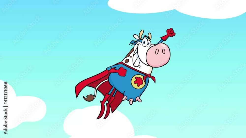 Super Hero Cow Cartoon Character Flying. 4K Animation Video Motion ...
