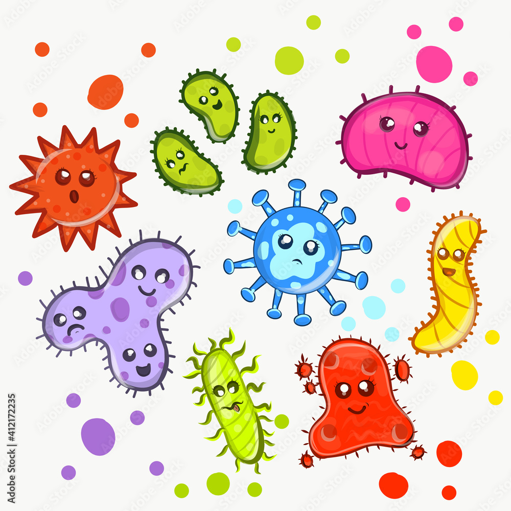 Big bright stickers set with cute bacterias. Smiling pathogen microbes ...