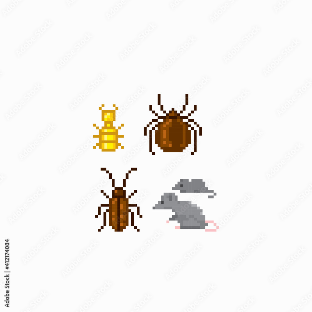 Rat, mouse, cockroach, tick, termite. Household pests. Pixel art. Old ...