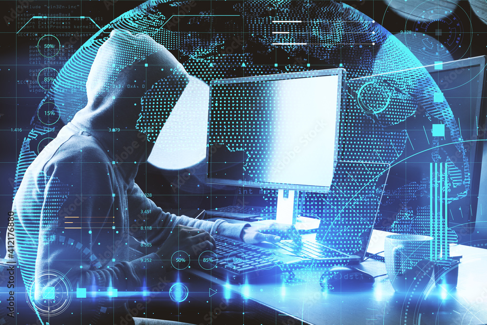 Cyber security concept with faceless hacker silhouette working with ...