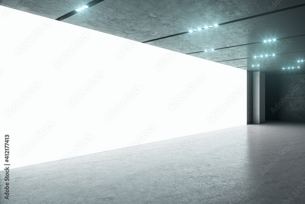 Side view on big blank white screen wall for presentation in modern ...