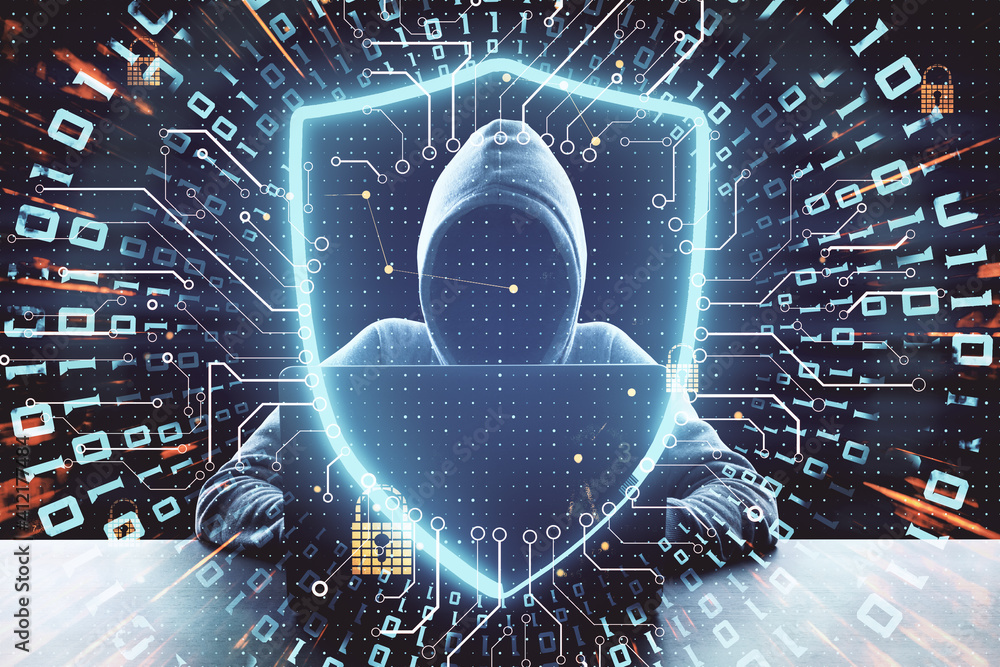 Hacking concept with faceless hacker silhouette with laptop and digital ...